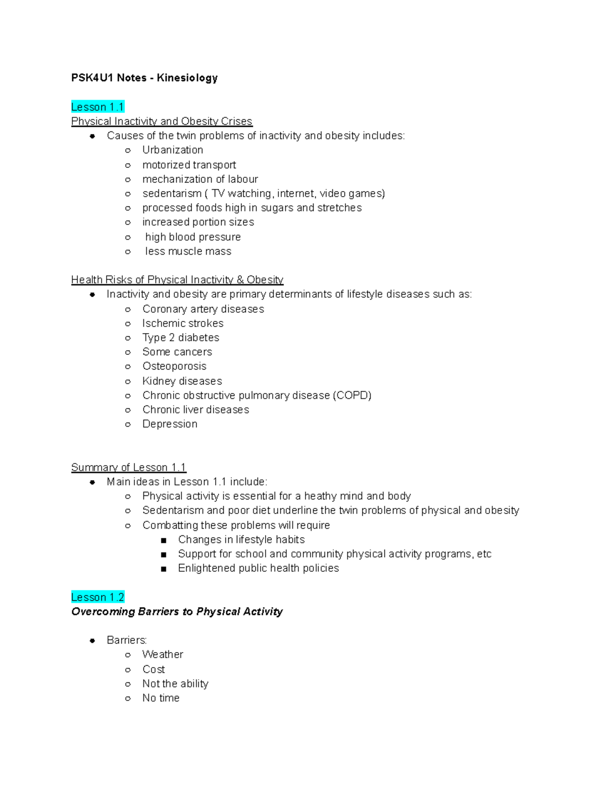 PSK4U1 - Lesson 1 Notes - PSK4U1 Notes - Kinesiology Lesson 1. Physical ...