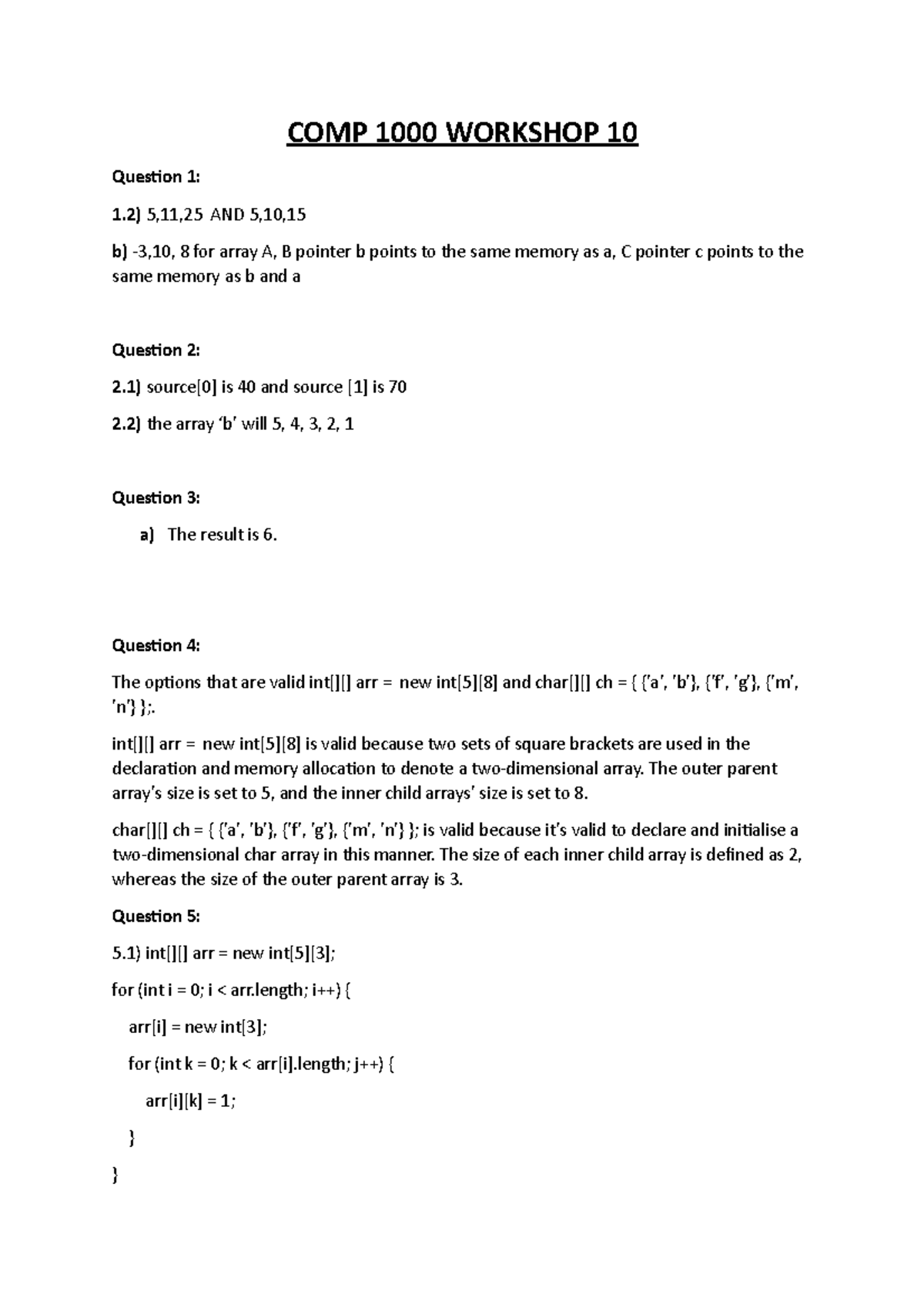 COMP 1000 Workshop 10 - COMP 1000 WORKSHOP 10 Ques琀椀on 1: 5,11,25 AND 5,10, b) -3,10, 8 for ...
