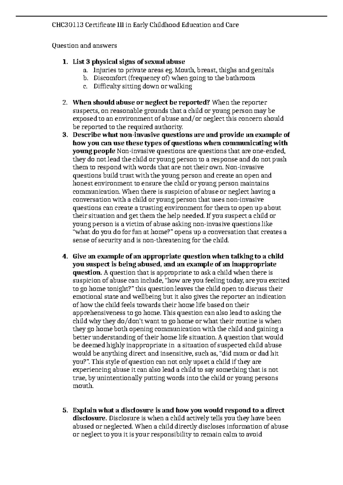 Child Protection Q A - Question and answers List 3 physical signs of ...