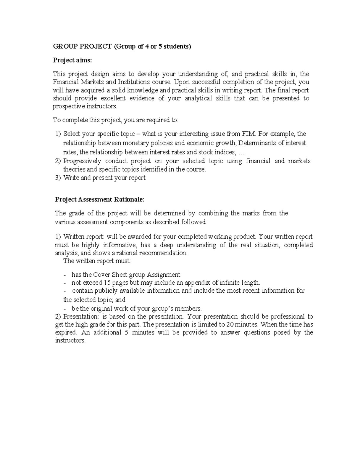 Group Assignment FIM - GROUP PROJECT (Group of 4 or 5 students) Project ...