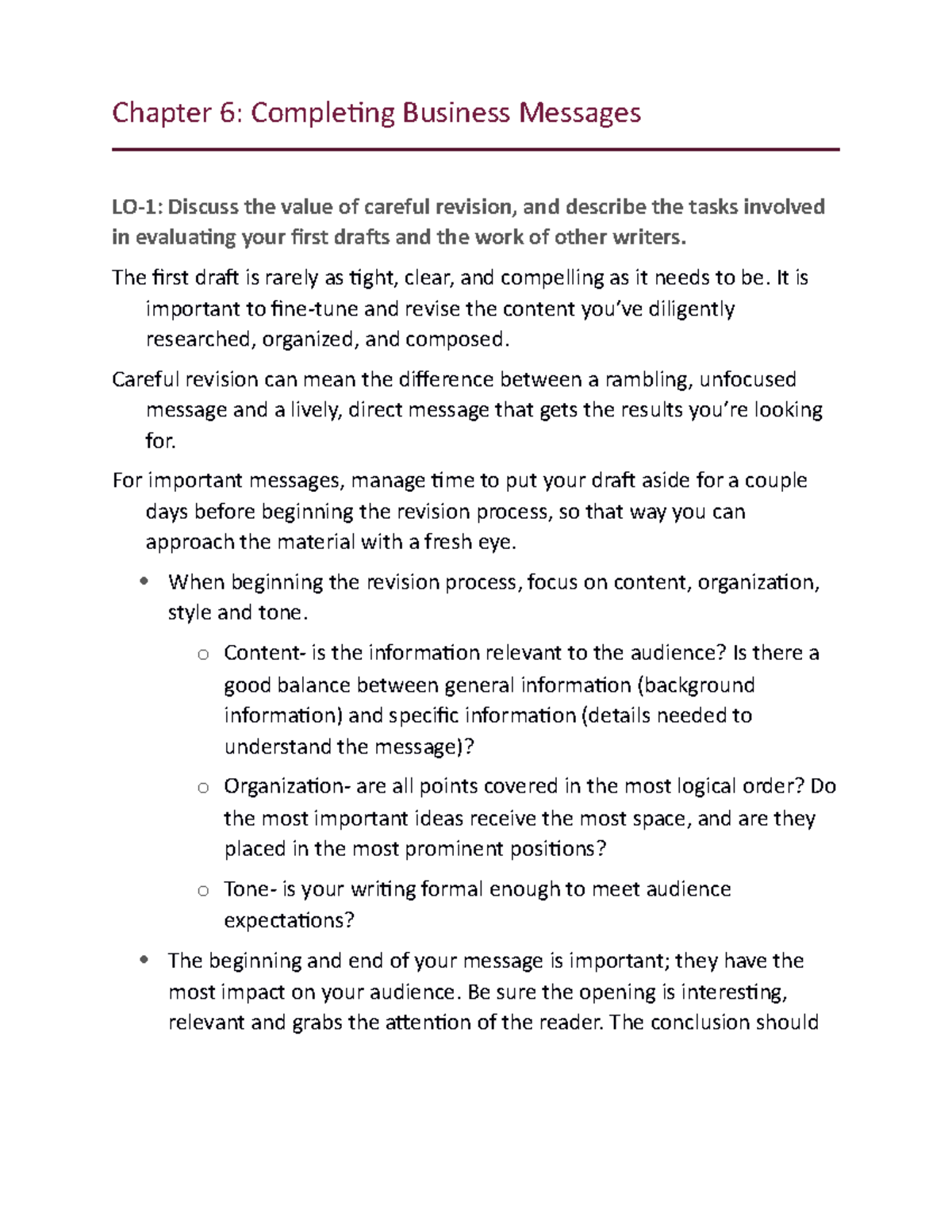 Chapter 6 notes - Chapter 6: Completing Business Messages LO-1: Discuss ...
