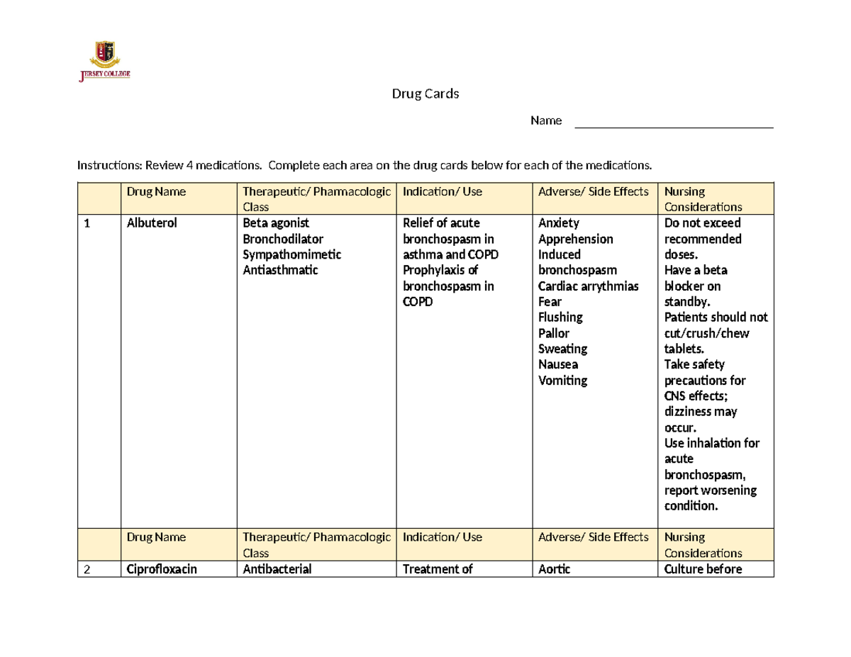 Drug Card 2 - Different drugs with adverse effects, indications and ...