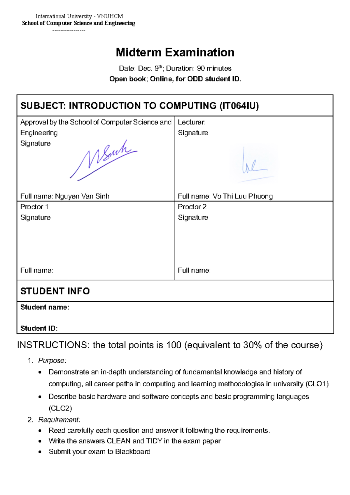 Midterm Exam Intro to Comp - International University - VNUHCM School of Computer Science and ...