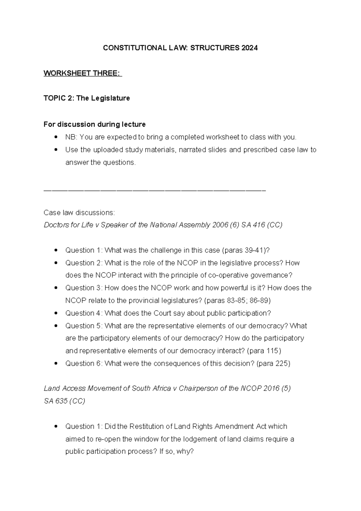 Woksheet 3; Topic 2 (2024) - CONSTITUTIONAL LAW: STRUCTURES 2024 ...