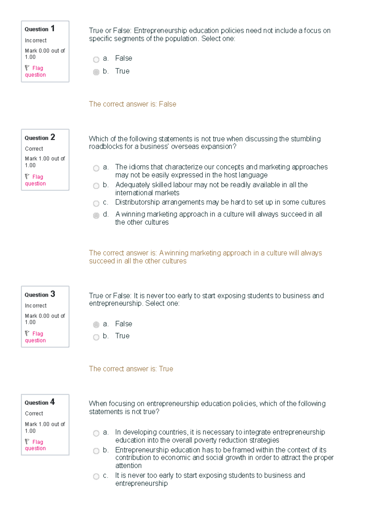 BUS3303 Self-Quiz Unit 4 Attempt review 2 - Question 1 Incorrect Mark 0 ...