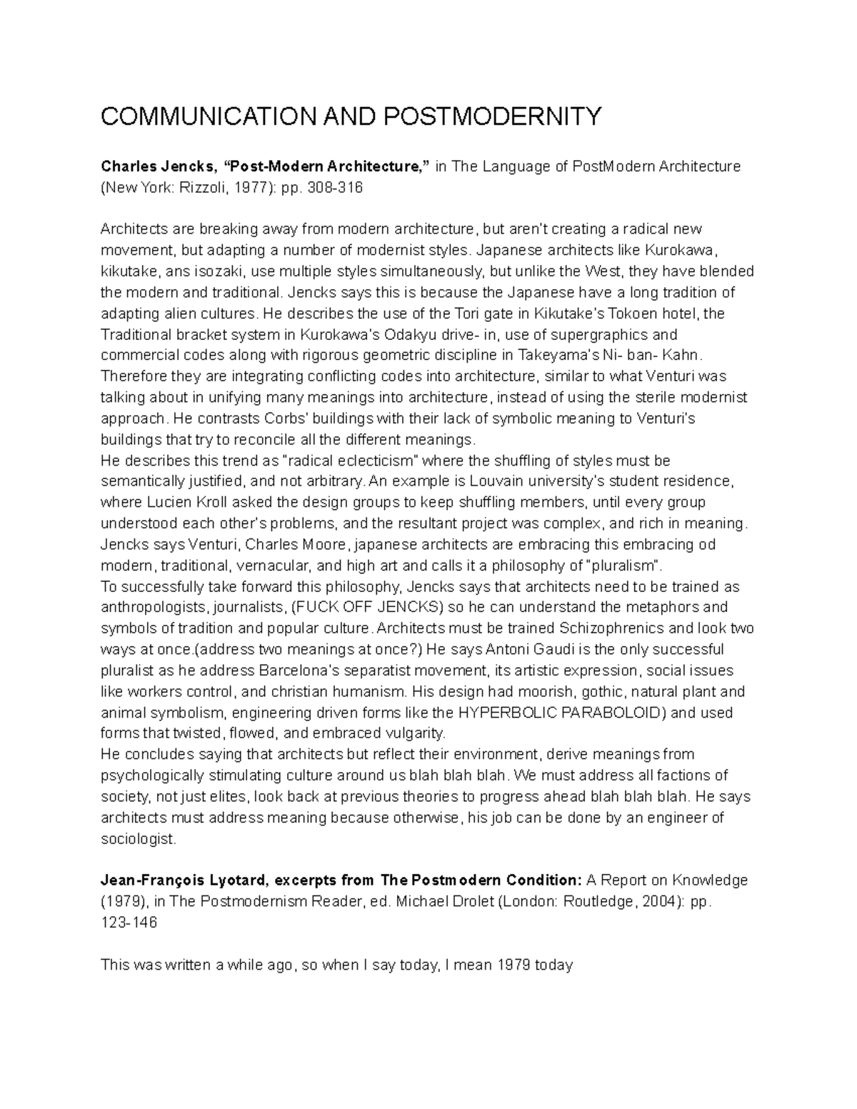 Week 9 Communication AND Postmodernity - COMMUNICATION AND ...