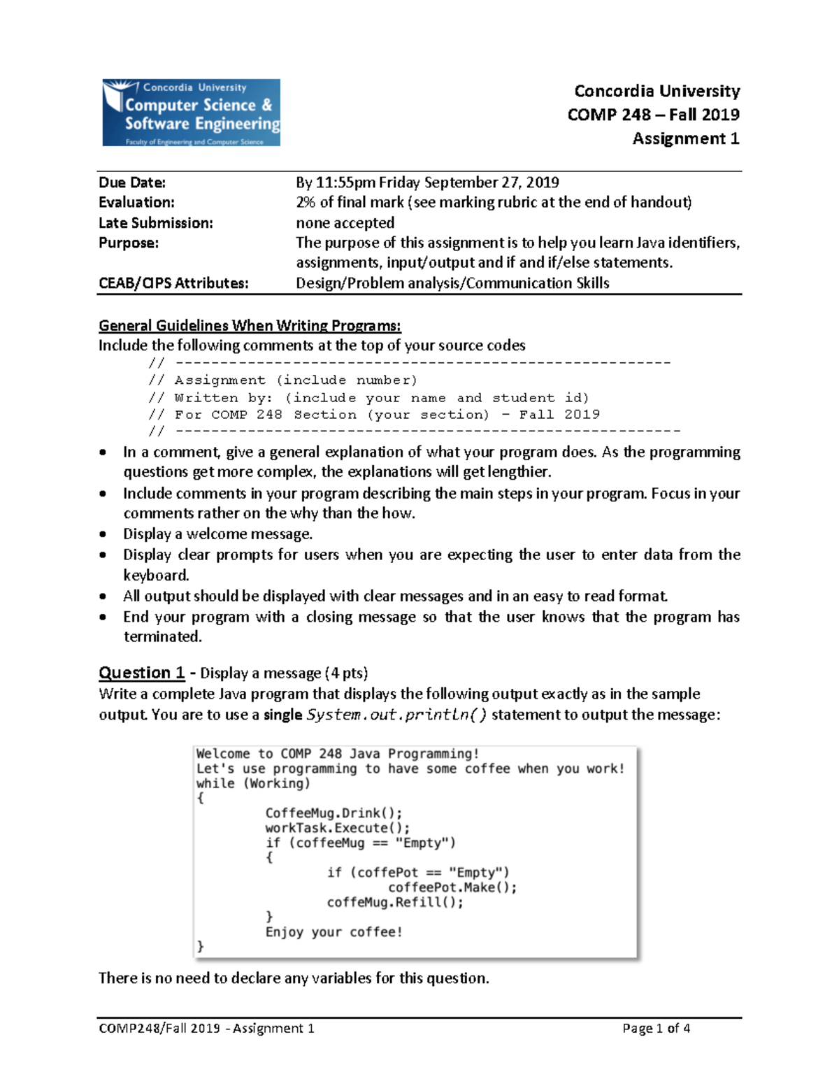 Comp 354 - Assignment 1 Concordia University - Concordia University COMP 248 – Fall 2019 ...