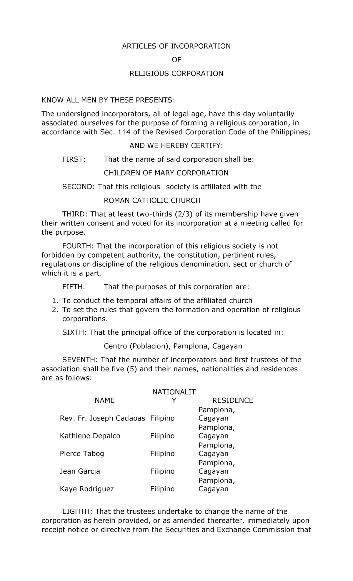 Articles of incorporation - ARTICLES OF INCORPORATION OF RELIGIOUS ...