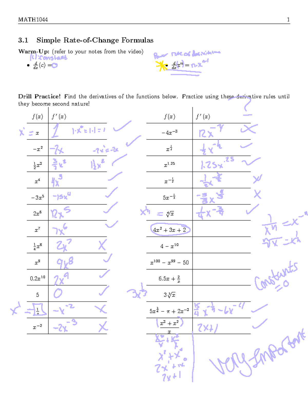 Practice 3.1 in class - MATH1044 1 3 Simple Rate-of-Change Formulas ...