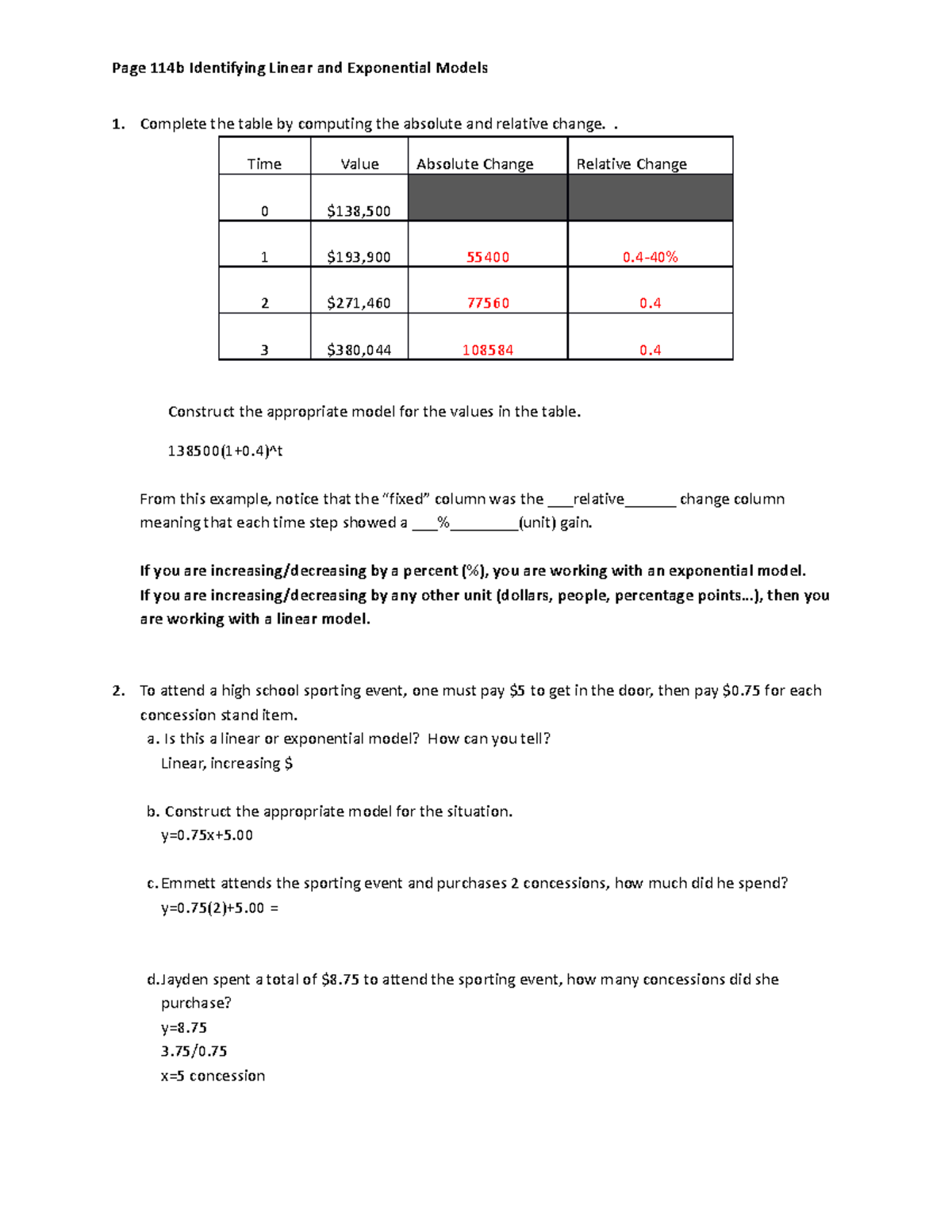 Linear versus Exponential Concise Practice - MATH 123 - Ivy Tech - Studocu