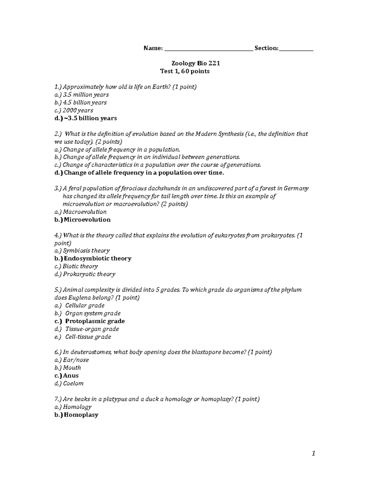 Zoo test 1 key (2022) - This is the answer guide to the exam for ...