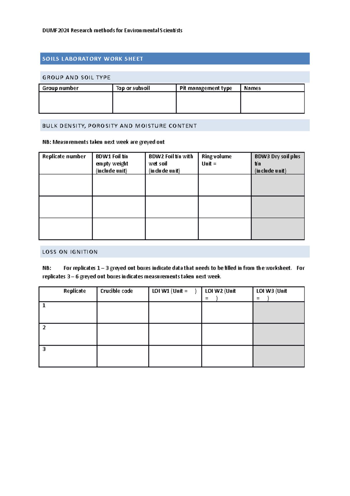 Soils laboratory work sheet 2020-21 - DUMF2024 - Studocu