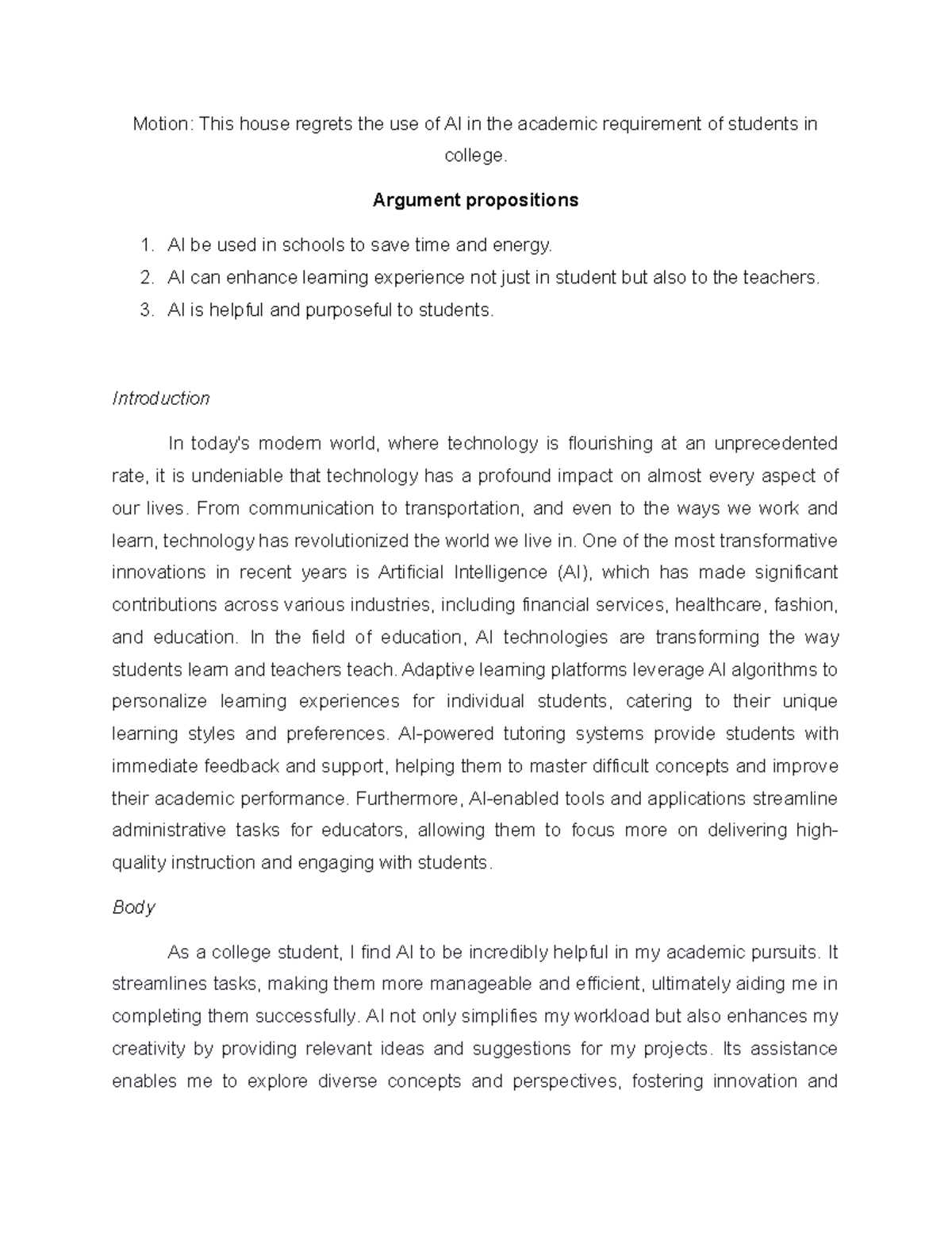 Argumentative essay - Motion: This house regrets the use of AI in the ...