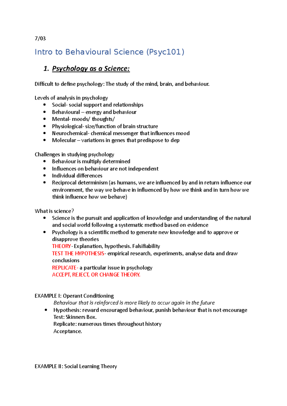 PSYC101 Lecture Notes - Intro to Behavioural Science (Psyc101) 1 ...
