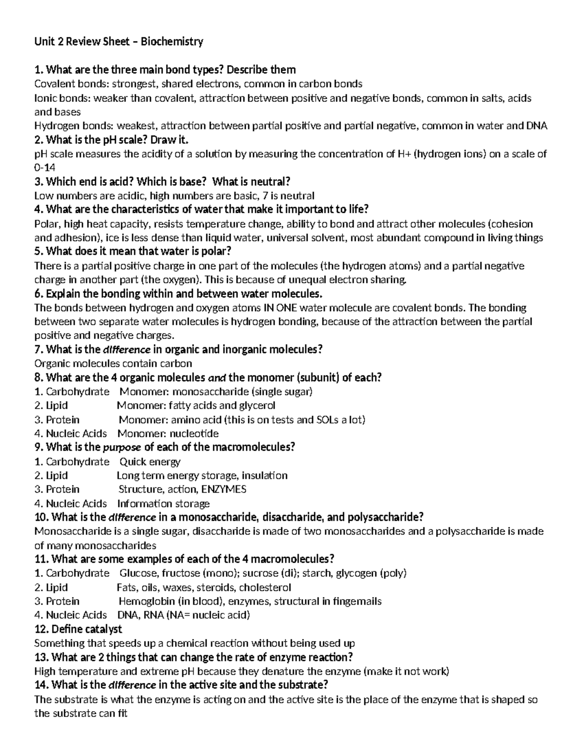 Unit 2 Test Review Answers - Unit 2 Review Sheet – Biochemistry What ...