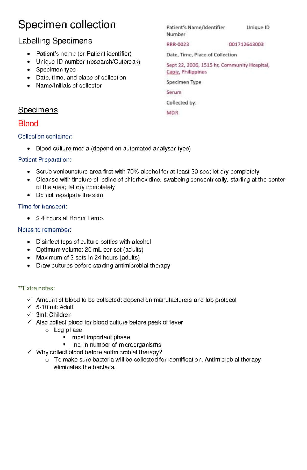 Bactelab - M1 - Specimen Collection - Specimen collection Labelling ...