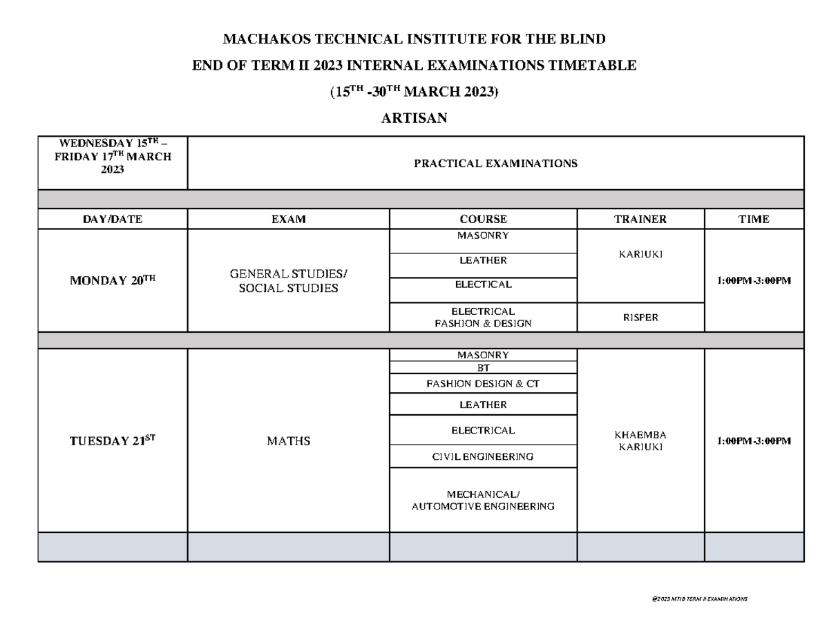 Final EXAM Timetable March 2023 - MACHAKOS TECHNICAL INSTITUTE FOR THE ...