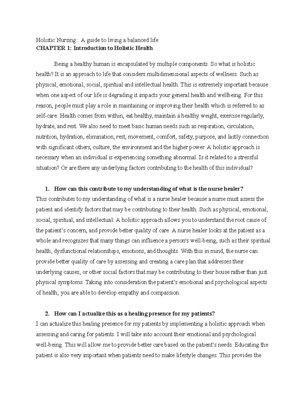 Journal 1 - Holistic Nursing: A guide to living a balanced life CHAPTER 1: Introduction to ...