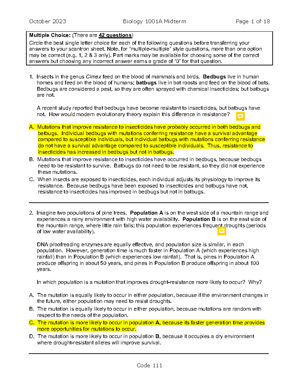 Biology+1001A+2023+midterm+code+111 Feedback - Multiple Choice: (There ...