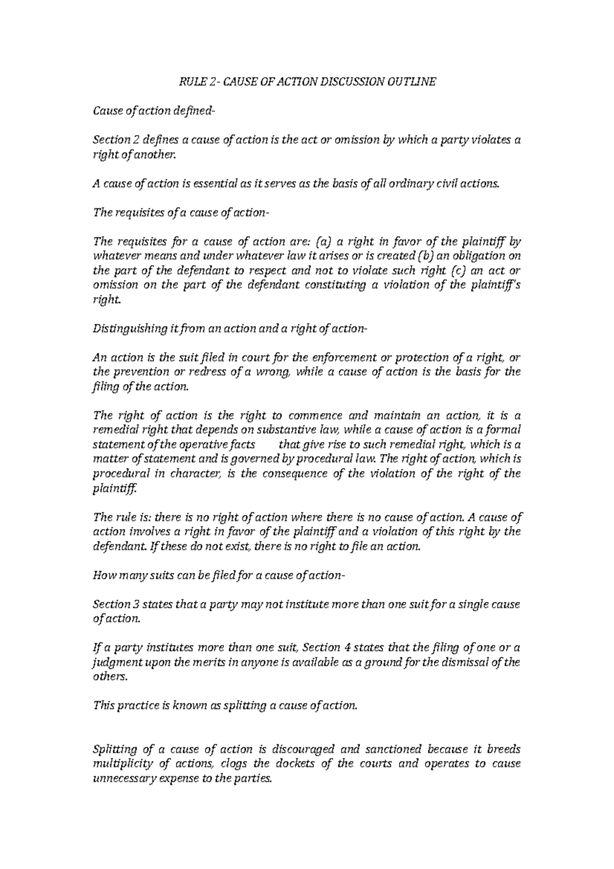 4. Rule 2-Cause of Action Discussion Outline - Remedial Law Review - UC ...