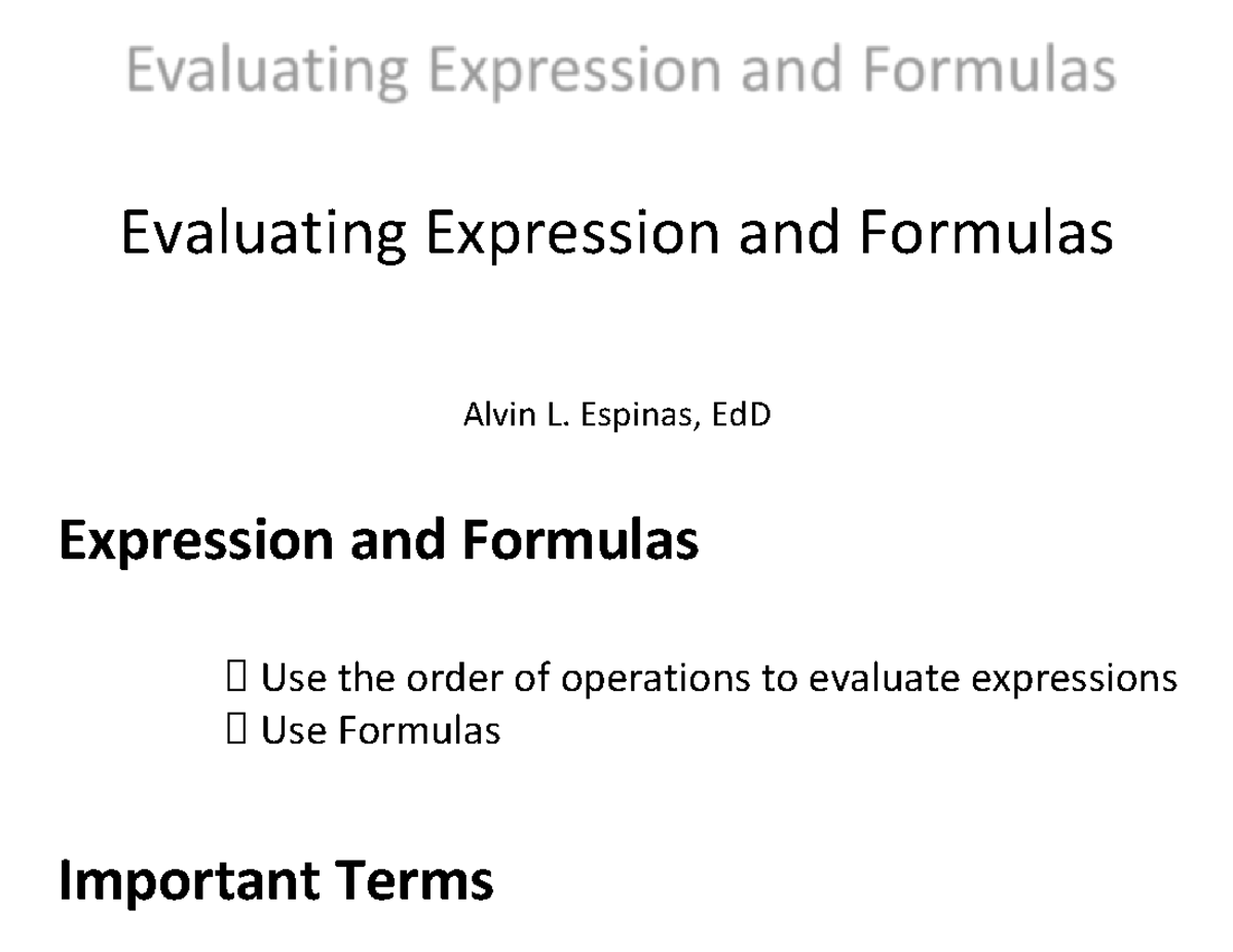 Week 2 College Algebra - engel - Evaluating Expression and Formulas ...