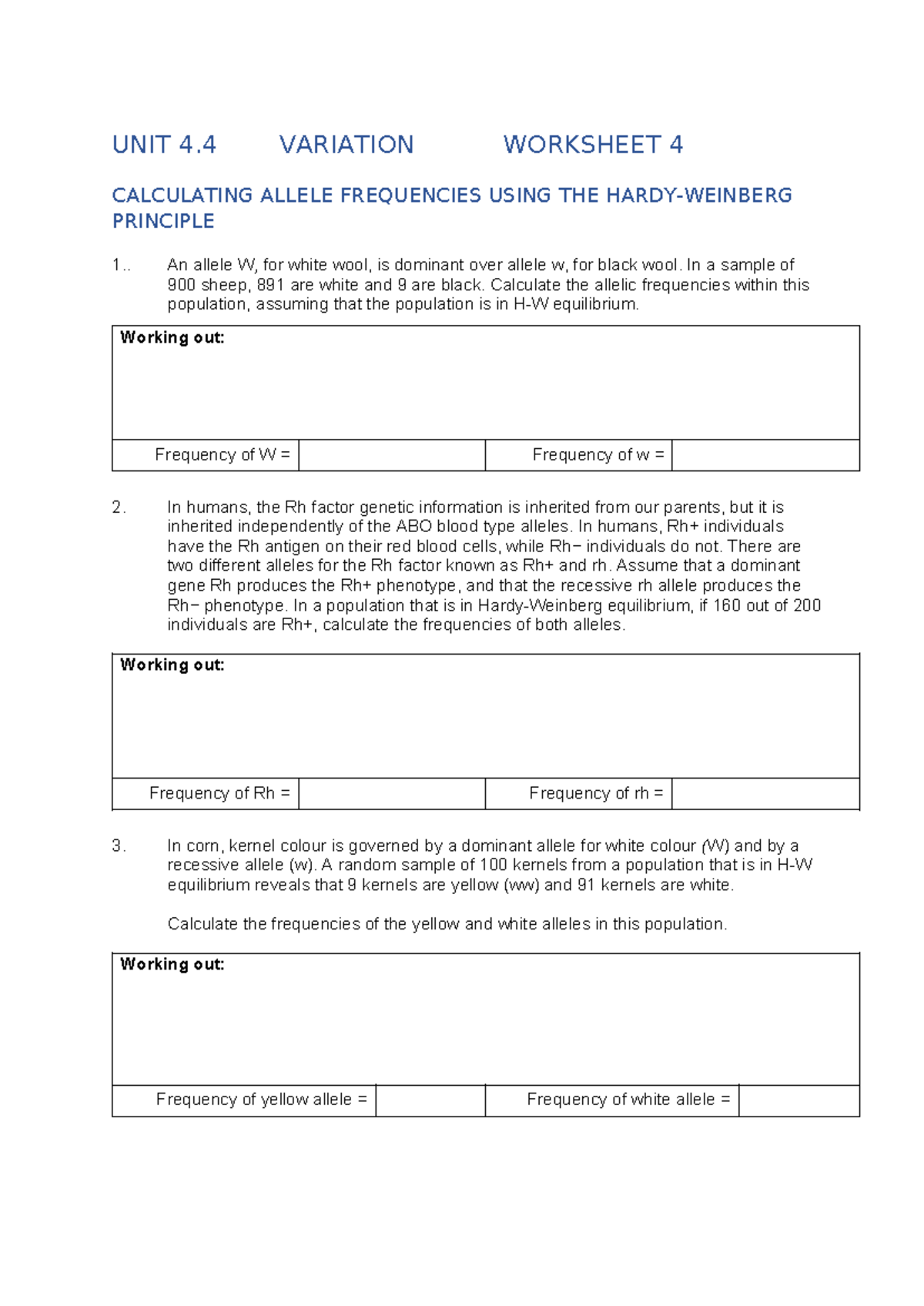 variation worksheet - UNIT 4 VARIATION WORKSHEET 4 CALCULATING ALLELE ...