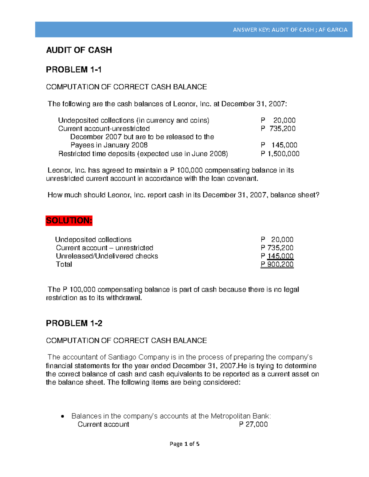 Sample/practice exam 13 May 2017, answers - AUDIT OF CASH PROBLEM 1 ...