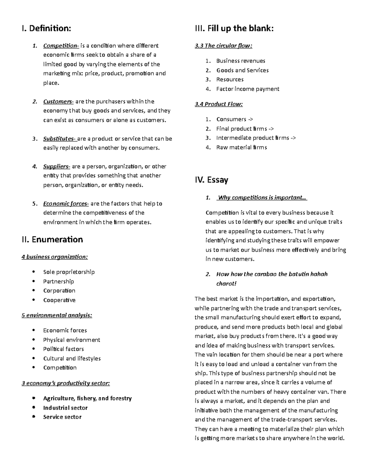 Applied Economics- quiz - I. Definition: 1. Competition- is a condition ...