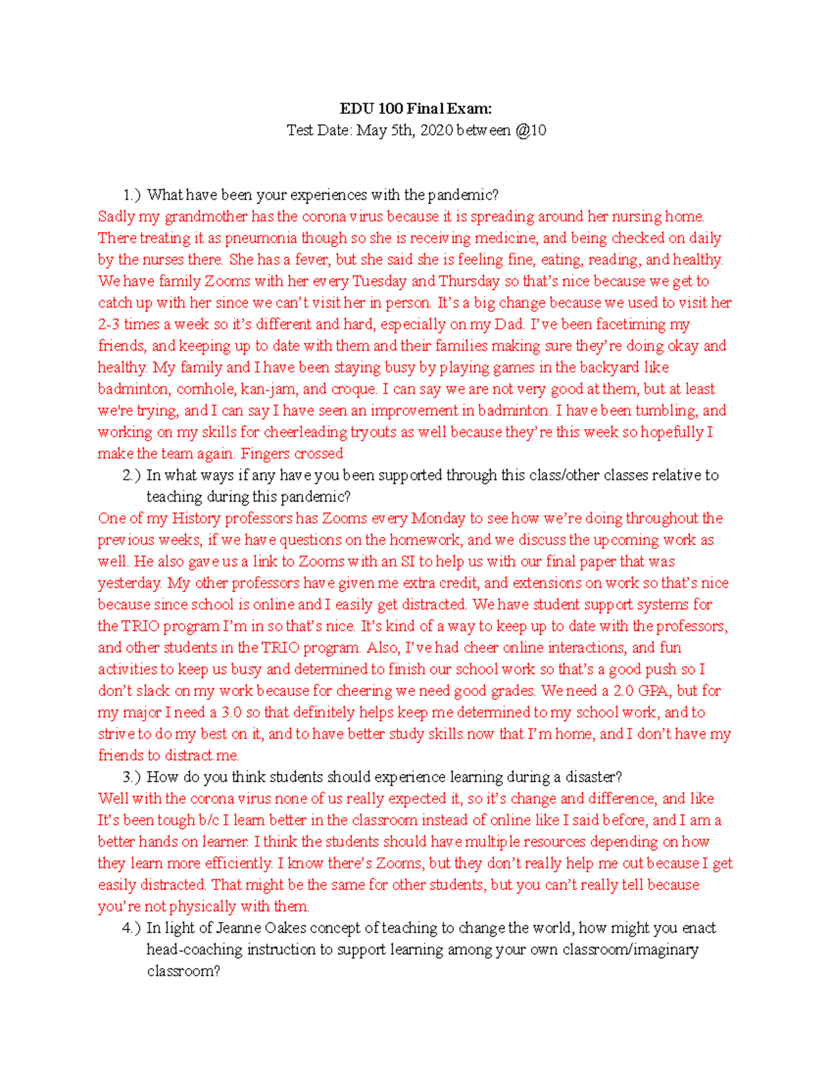 Final Exam-EDU 100 - Dr. Pabon - EDU 100 Final Exam: Test Date: May 5th ...