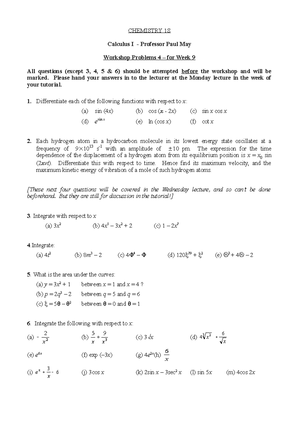 Tutorial work - 4 - CHEMISTRY 1S Calculus I Professor Paul May Workshop ...