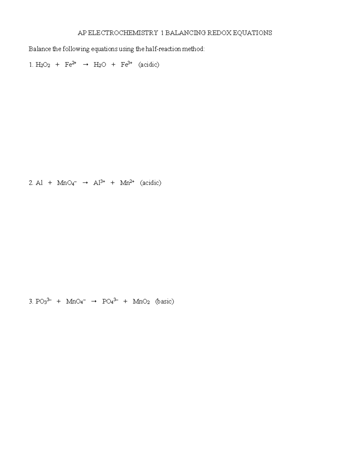 Chem unit 8 worksheets - _____ - AP ELECTROCHEMISTRY 1 BALANCING REDOX ...