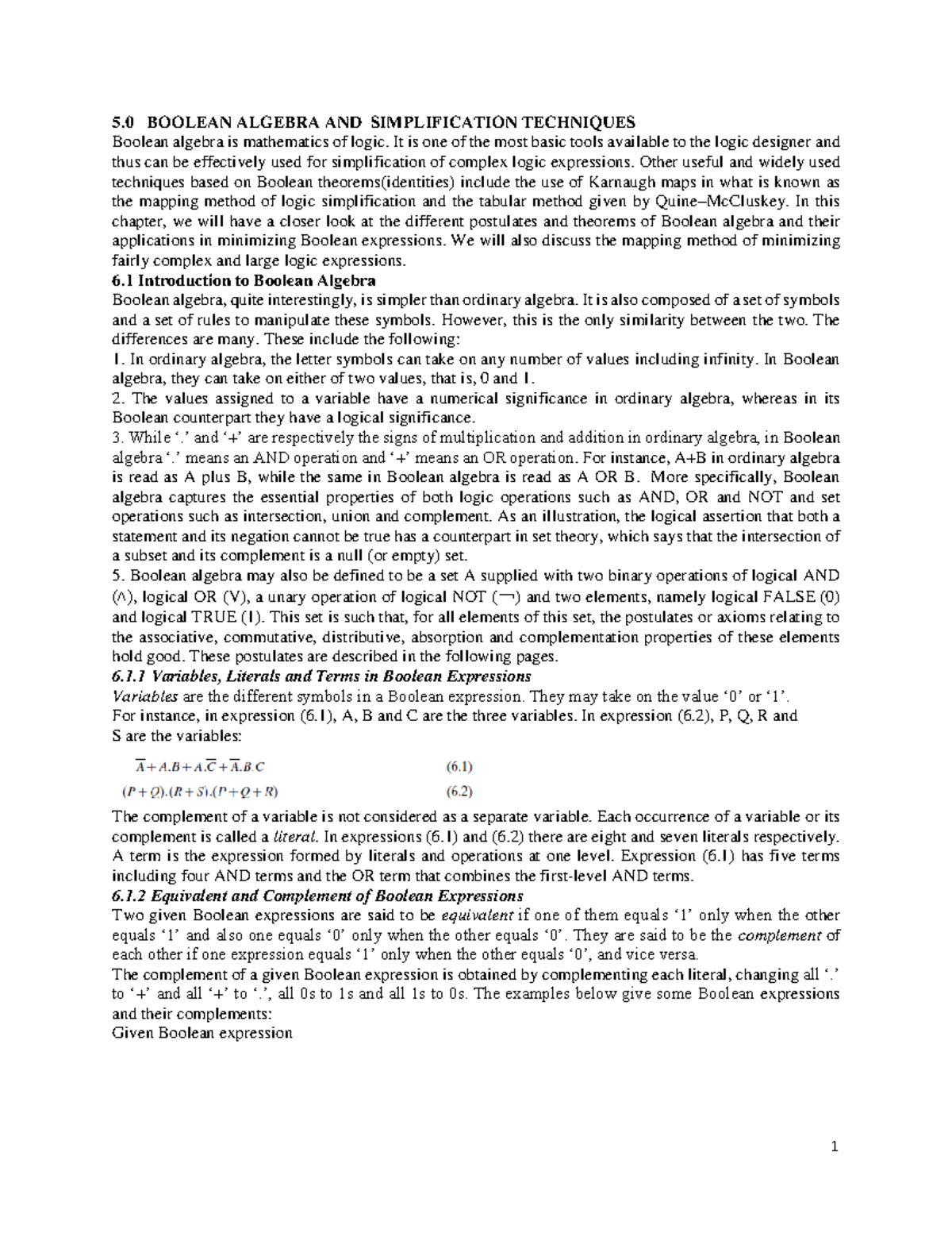 Digital Electronics Lesson 5 - 5 .0 BOOLEAN ALGEBRA AND SIMPLIFICATION TECHNIQUES Boolean ...