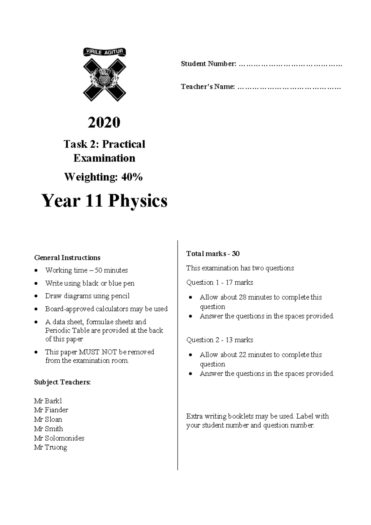 11Physics Task 2 2020 - Past physics paper - 2020 Task 2 : Practical ...