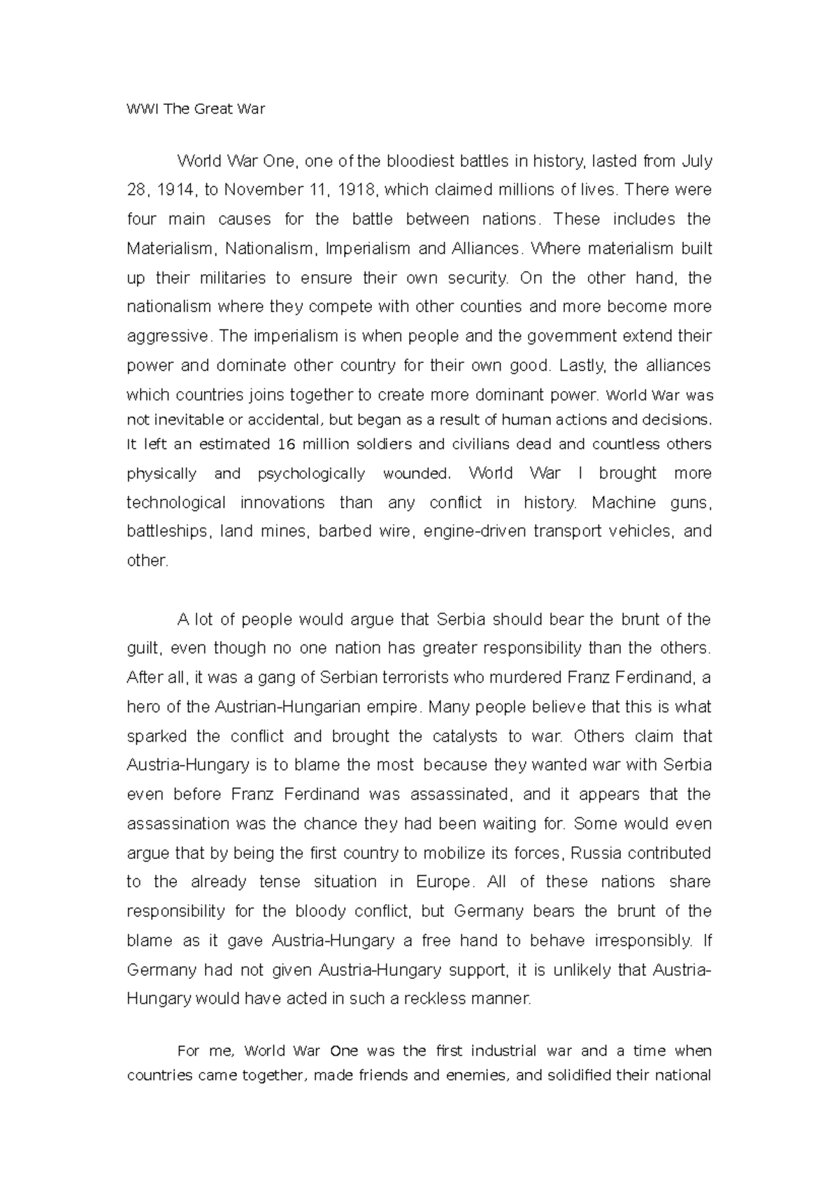 WWI The Great War - never - WWI The Great War World War One, one of the ...