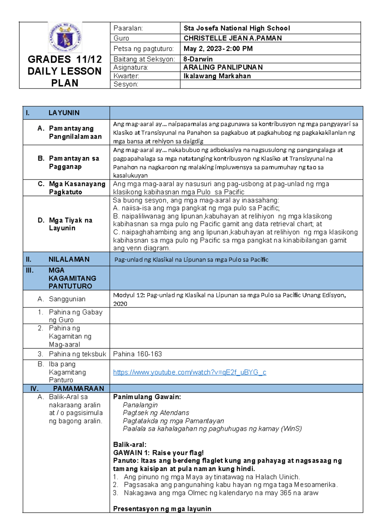 AP 8 Q2 CO Pasipiko - CO2 - I. LAYUNIN A. Pamantayang Pangnilalamaan ...