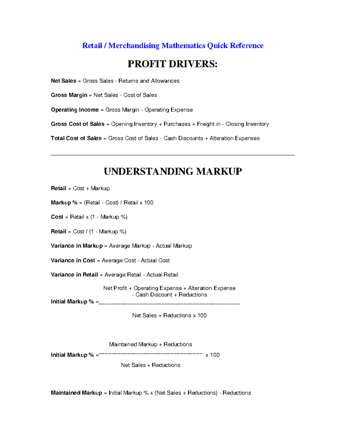 Retail Math Math Sheet - Retail / Merchandising Mathematics Quick ...