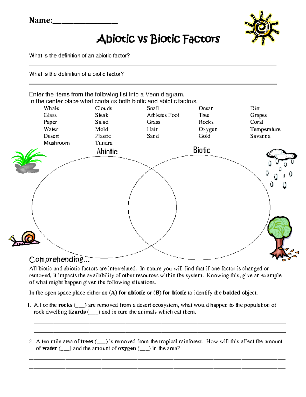 Abiotic vs biotic factors worksheet - Name ...