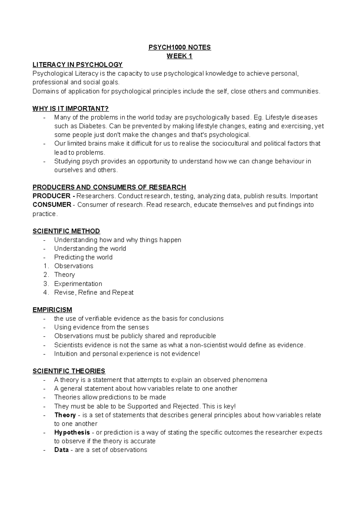 Psych 1000 WEEK 1-2 - lecture notes - PSYCH1000 NOTES WEEK 1 LITERACY ...