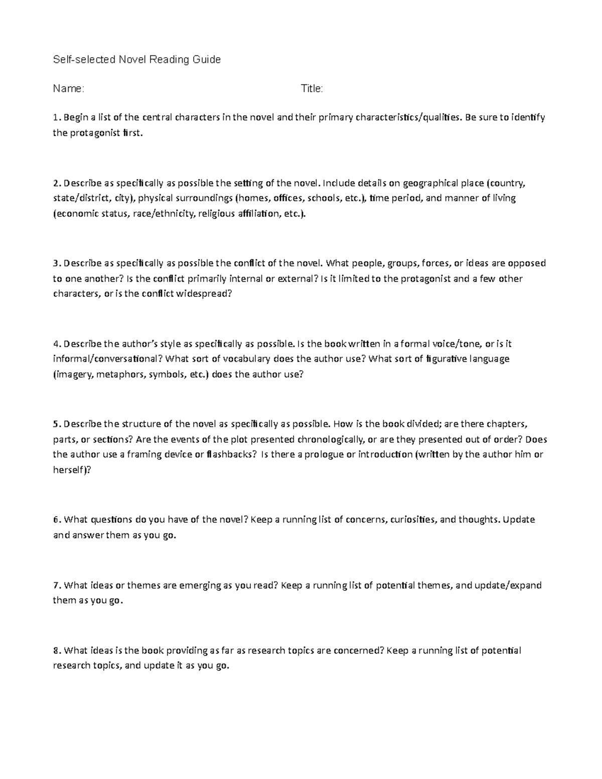 Carter Hawes - Self-selected Novel Reading Guide - Self-selected Novel ...