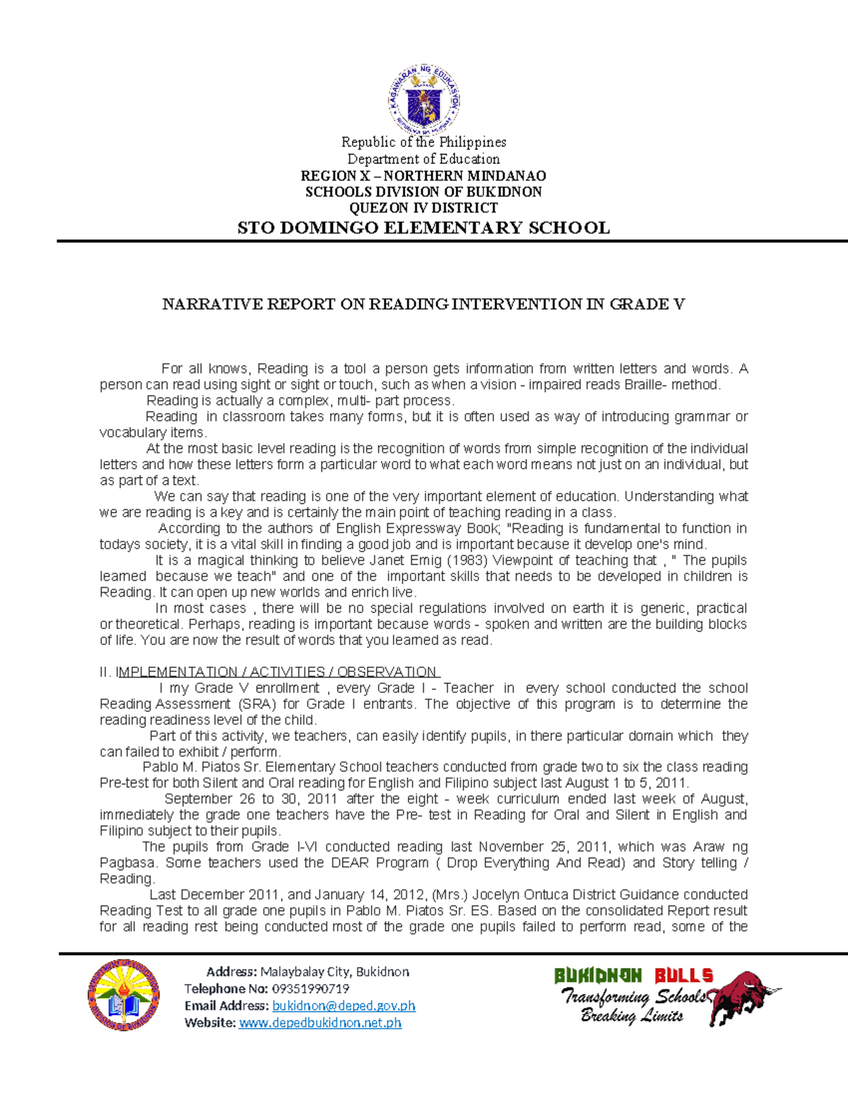Narrative Report ON Reading Intervention IN Grade V - Republic of the ...