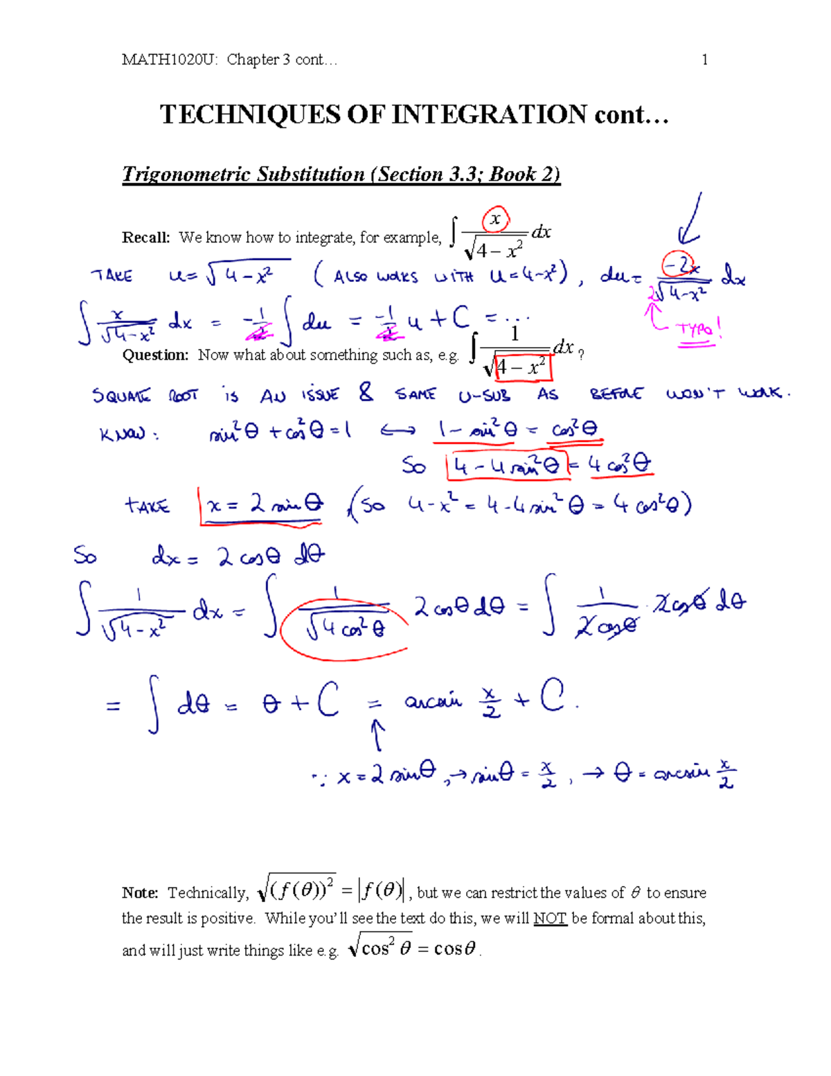 Mod2a trigsub Mihai - TECHNIQUES OF INTEGRATION cont... Trigonometric Substitution (Section 3 ...