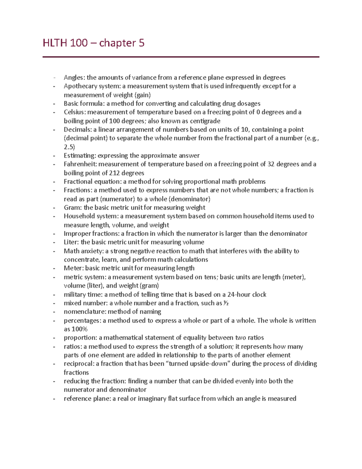 HLTH 100 chapter 5 notes - HLTH 100 – chapter 5 Angles: the amounts of ...