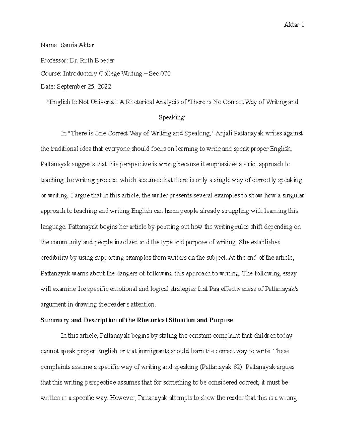 The Rhetorical Analysis Project - Name: Samia Aktar Professor: Dr. Ruth ...