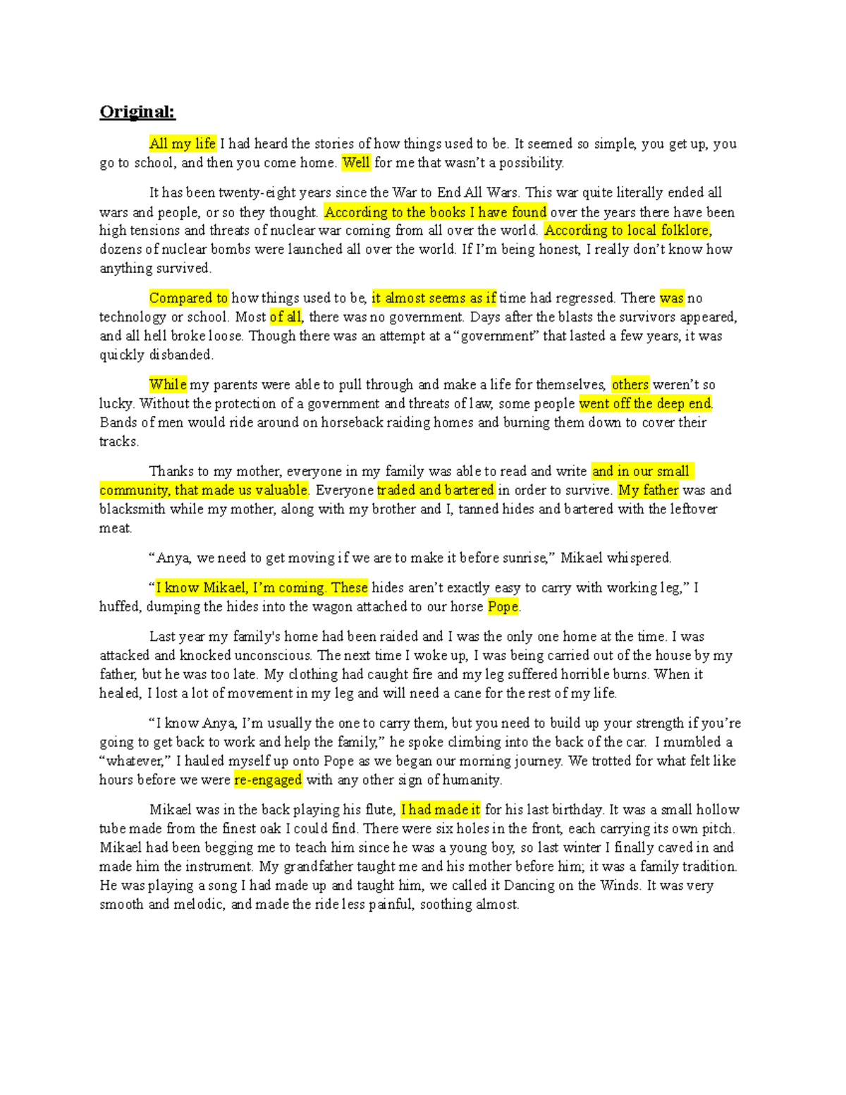 Pre-Writing Activity - Word Packages - Original: All my life I had ...