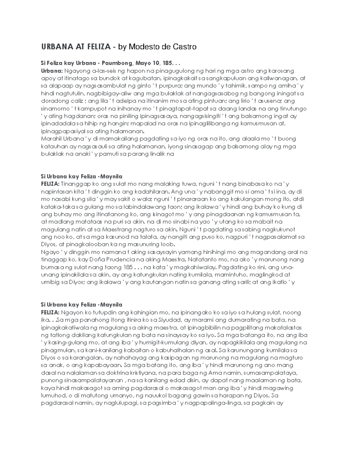 Urbana at feliza - URBANA AT FELIZA - by Modesto de Castro Si Feliza kay Urbana - Paumbong, Mayo ...