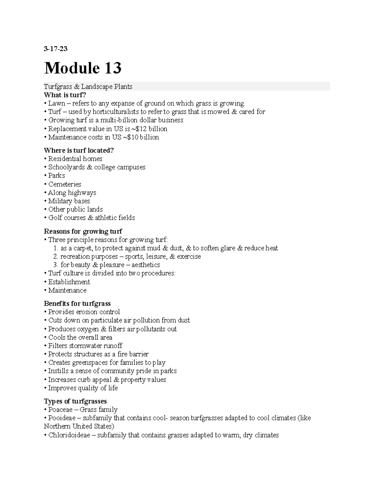 Plant science Module 13 notes - 3-17- Module 13 Turfgrass & Landscape ...