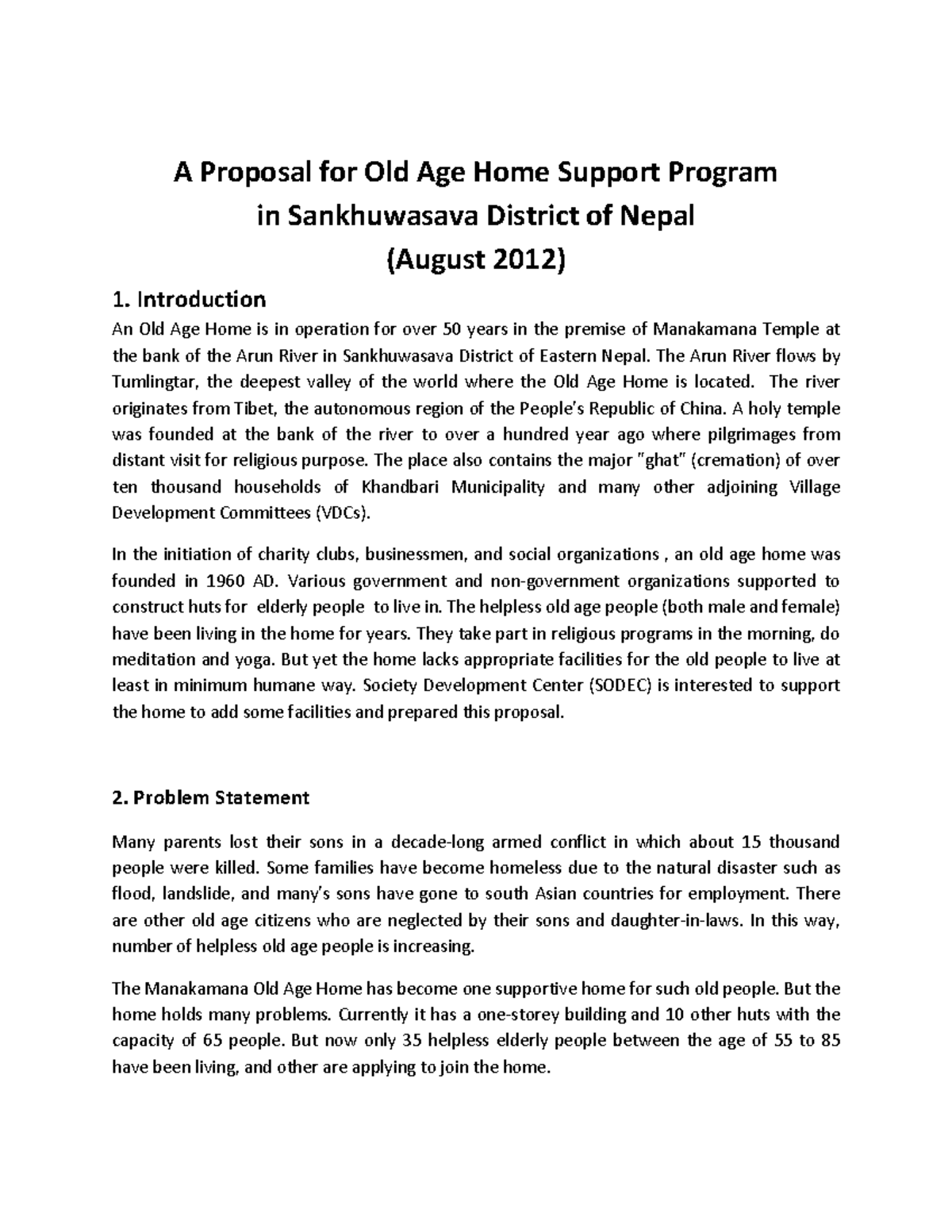Projdoc - A Proposal for Old Age Home Support Program in Sankhuwasava ...