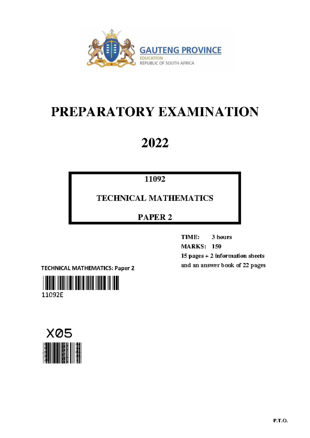 Grade 12 NSC Technical Mathematics P2 (English) September 2022 ...