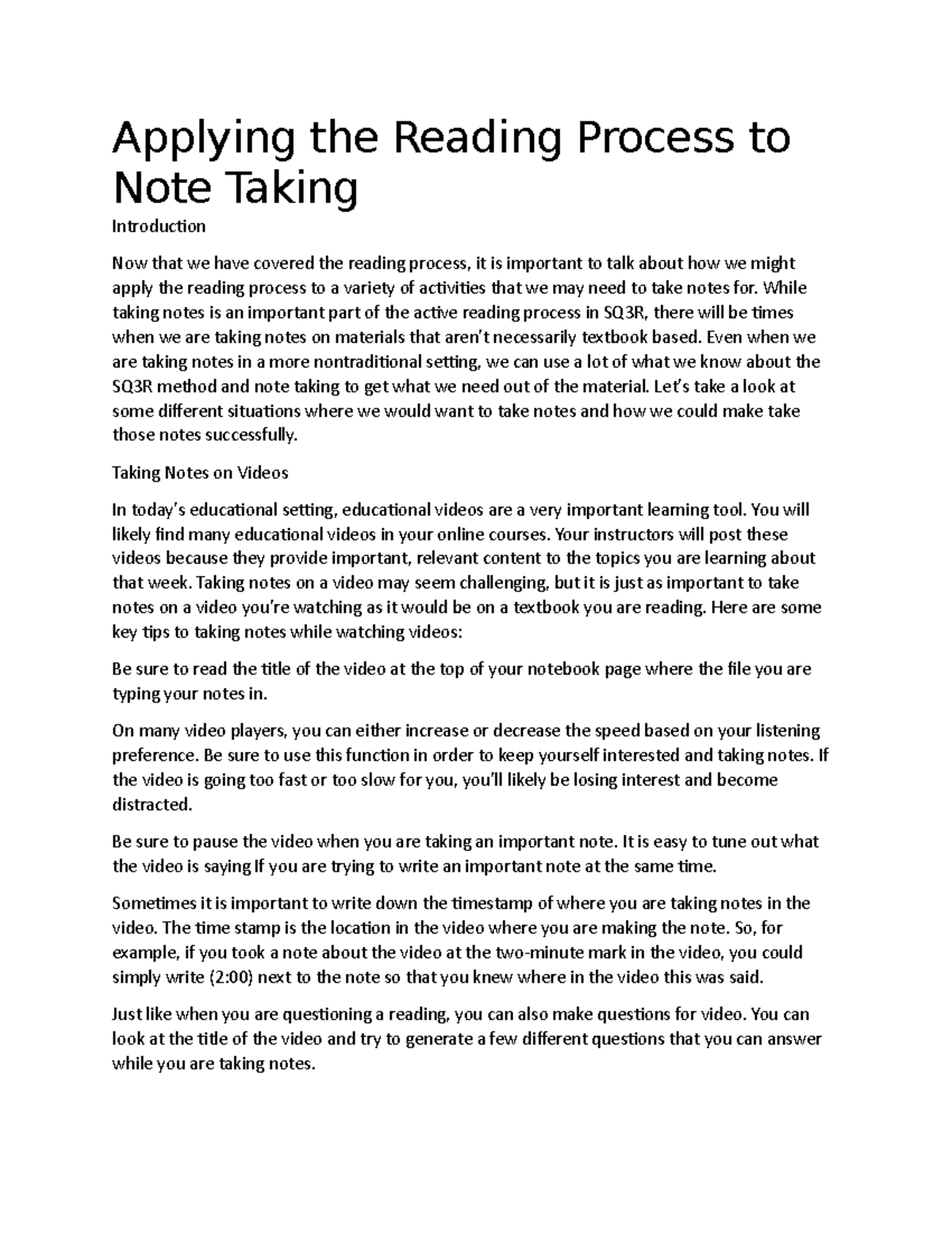 Applying the Reading Process to Note Taking - Applying the Reading ...