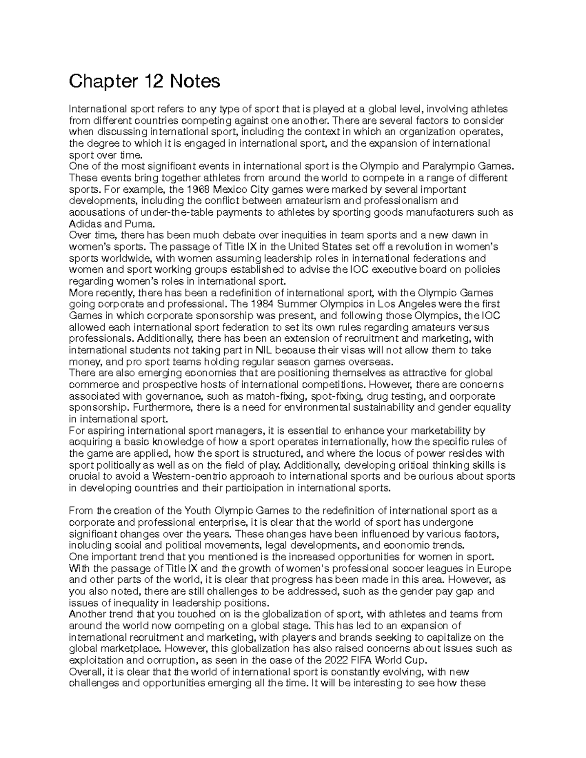 Chapter 12 Notes - Chapter 12 Notes International sport refers to any ...